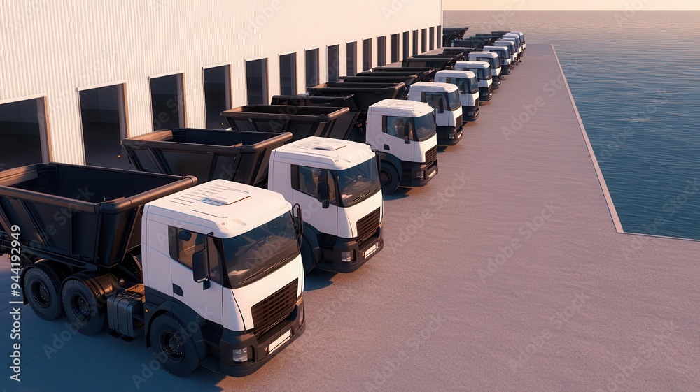 A fleet of sweeper vehicles lined up at a municipal garage, ready for ...