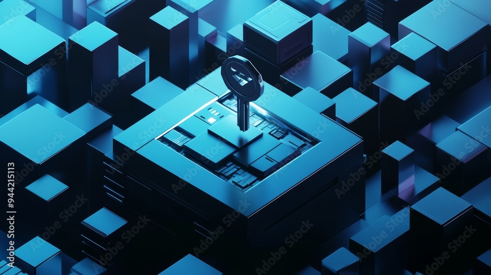Key inserted into a secure digital server represented in a futuristic ...