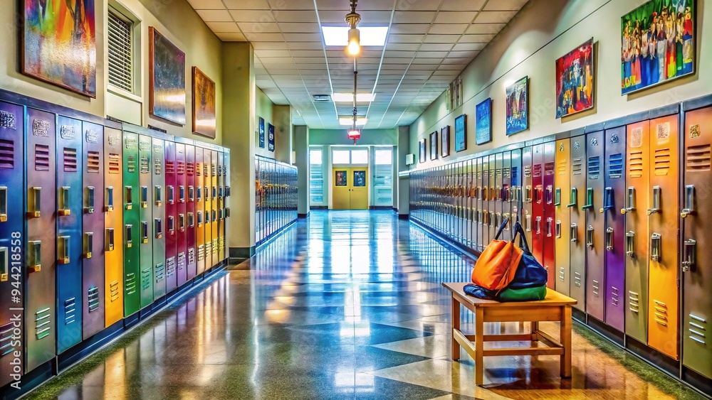 Rows of metal lockers lined against a brightly lit school corridor ...