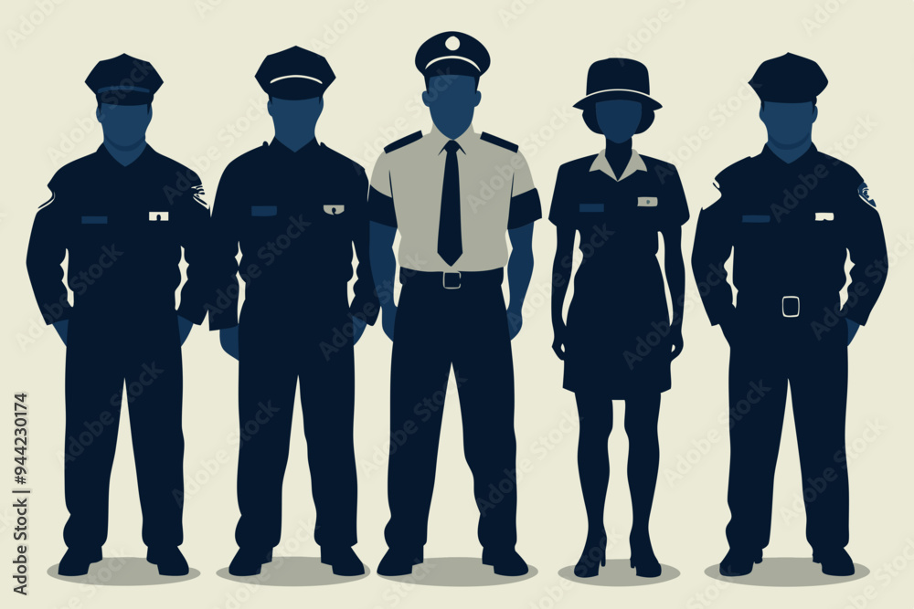 Silhouetted figures of multiple police officers in uniform, standing ...
