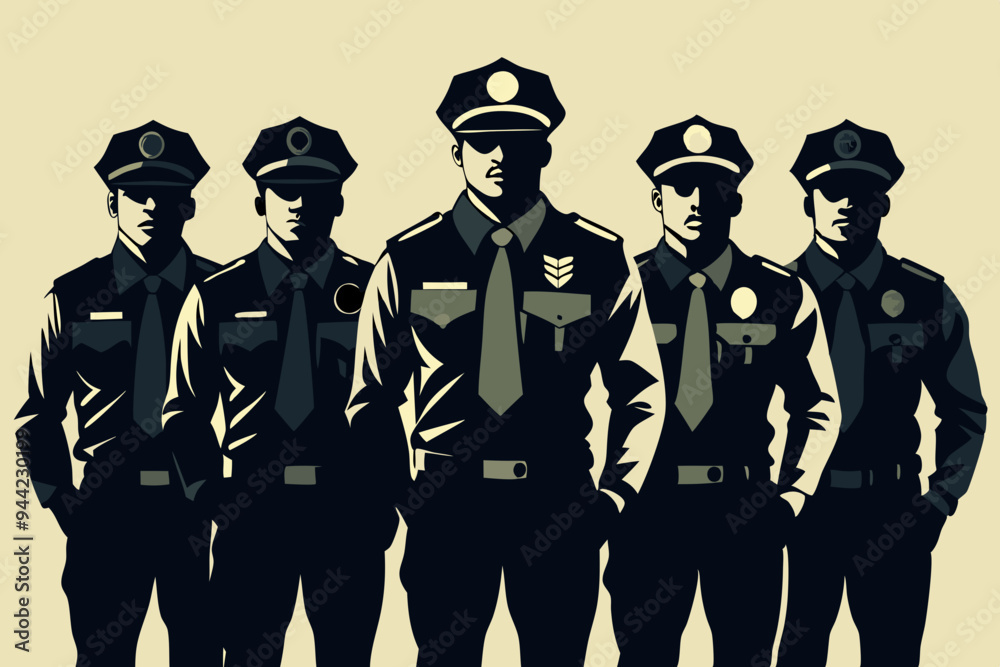 Silhouetted figures of multiple police officers in uniform, standing ...