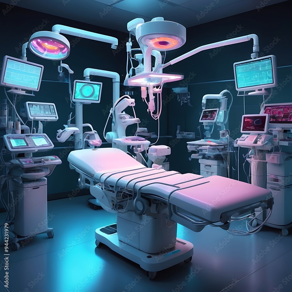 Futuristic neon animation type equipment and medical devices in modern ...