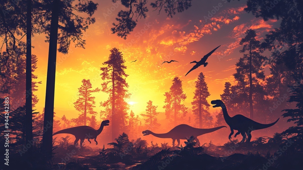 Prehistoric dinosaurs wander through a vibrant sunset forest ...