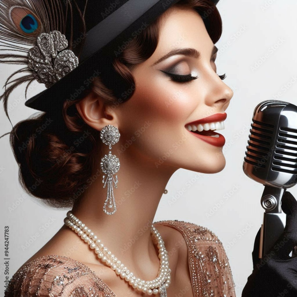 Avant Garde sophisticated 1920s happy lady side profile holding up a ...