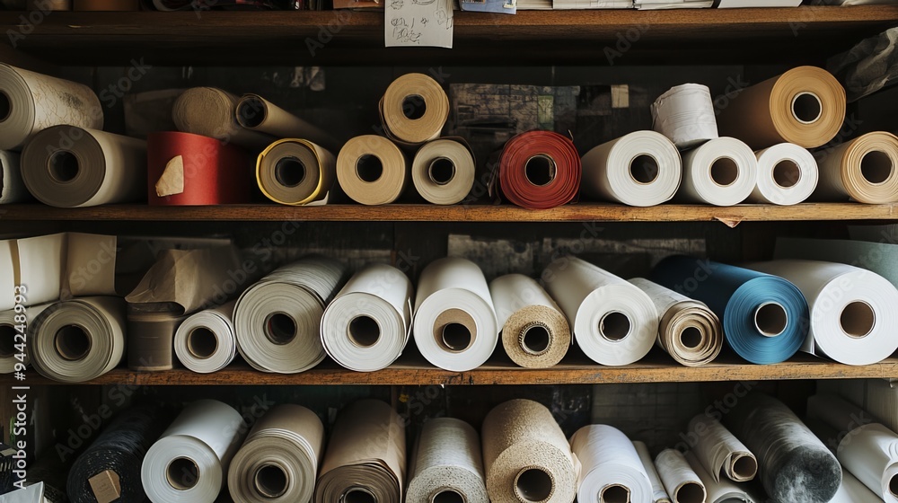 Stacked rolls of paper line the shelves, creating a tidy and organized ...
