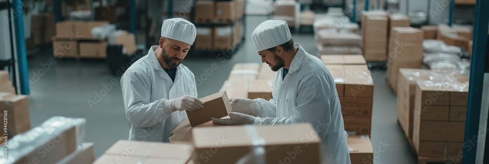 Two workers in white uniforms are packing products into boxes in a ...
