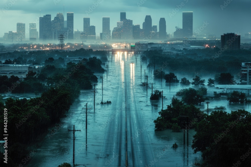 Houston Floods. Crisis in the Downtown: Flooded Bridge and Highway in ...