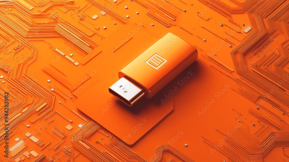 Modern orange USB flash drive on an orange circuit board. Concept of ...