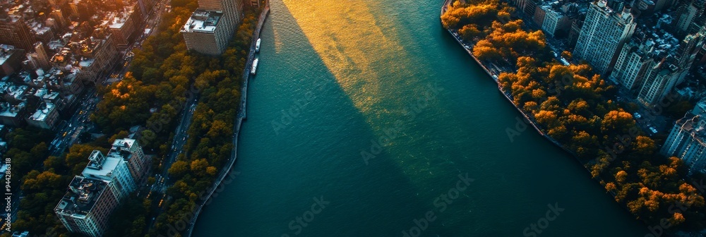 An aerial perspective captures the East River Strait in New York City ...