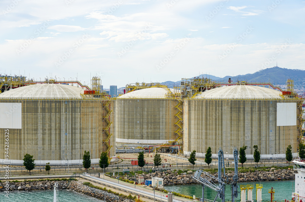 LNG gas terminal large storage reservoirs in Barcelona port, liquefied ...
