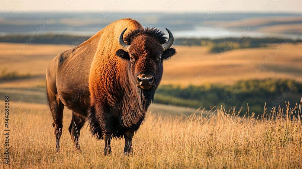 Elegant bison grazing on rolling prairies perfect for showcasing their ...