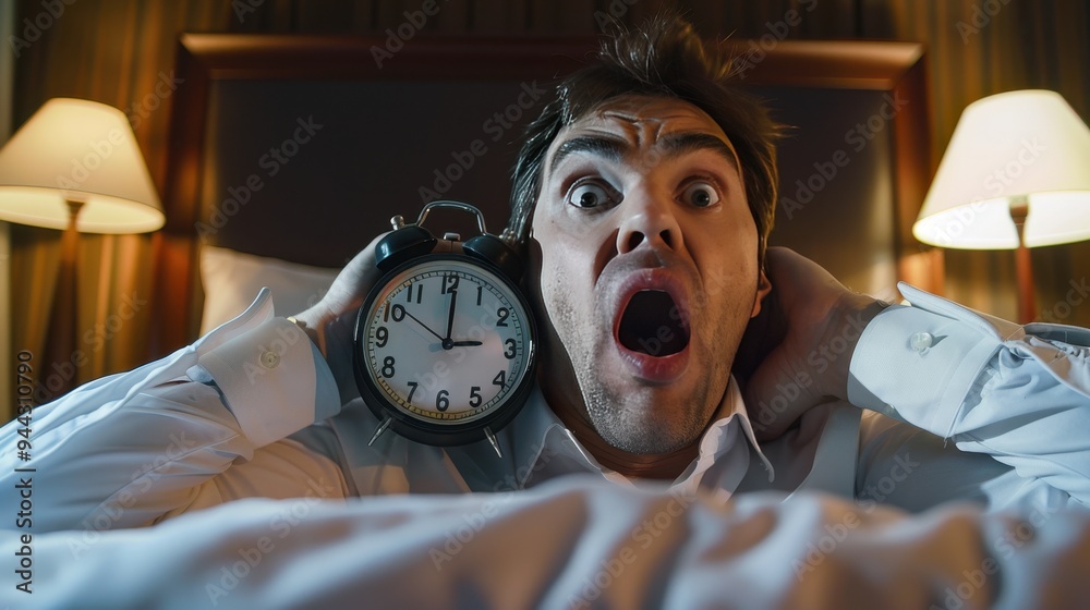 Shocked Caucasian man in bed holds alarm clock as he realizes he's ...