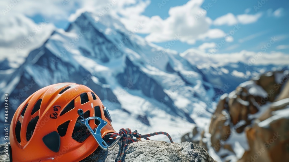 Bright orange helmet with climbing gear on rocky peak with snow-capped ...