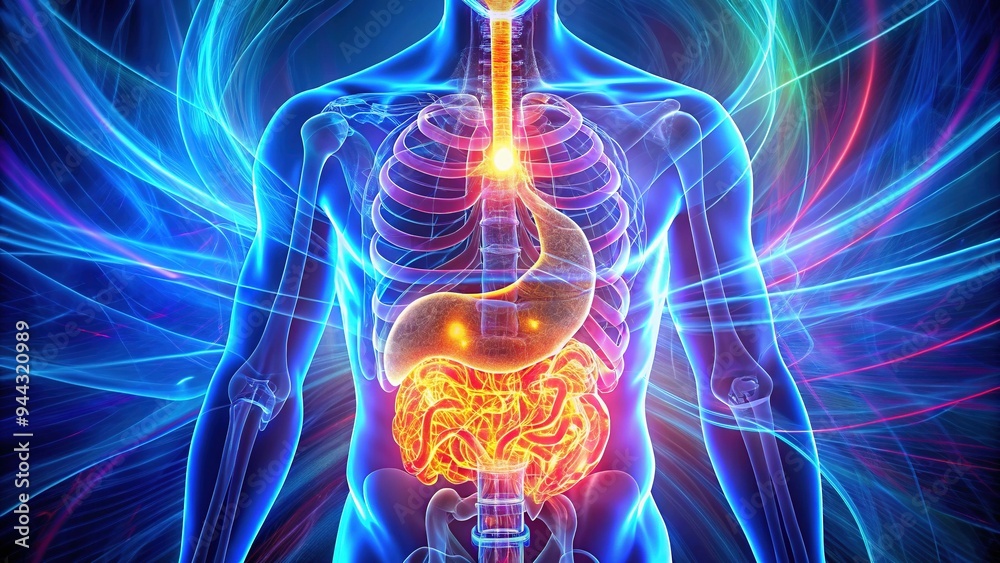 Vibrant illustration of the human digestive system, highlighting the ...