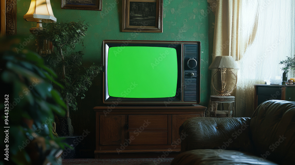 In the living room, there's a vintage TV with a green screen, similar ...