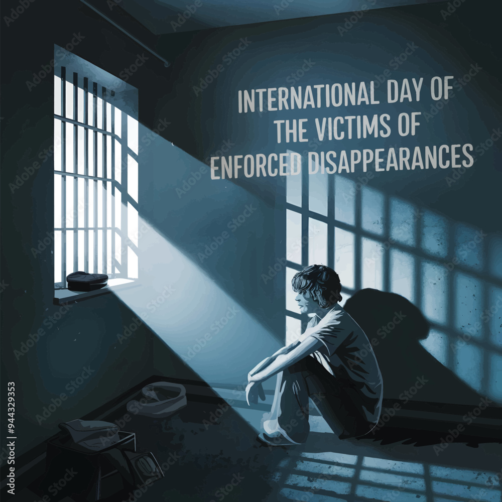 Dark-toned illustration showing a man locked behind bars, symbolizing the International Day of ...