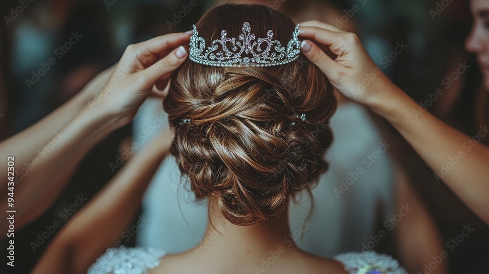 Rear View of a Womans Crown Being Adjusted A closeup dimly lit photo ...