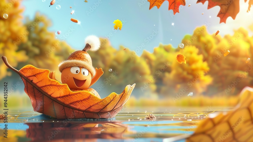 cartoon illustration of a cheerful, funny, acorn character boating on ...