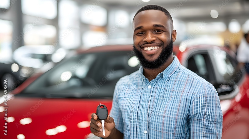 Excited new car owner receiving keys from salesperson in dealership ...