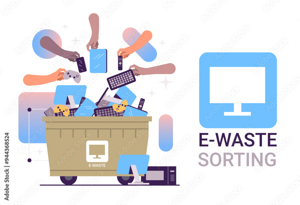 E-waste sorting concept hands placing electronic devices in bin ...