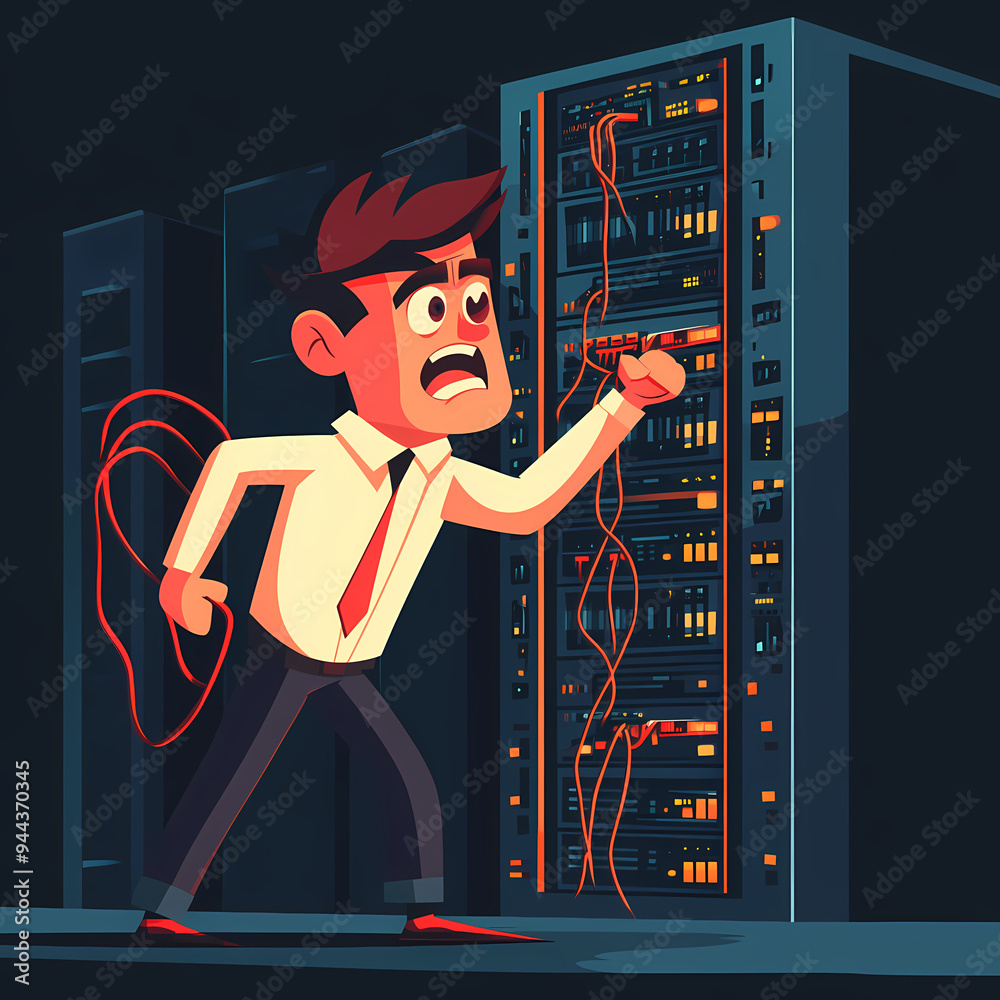 Angry system administrator in a data center struggling with tangled ...