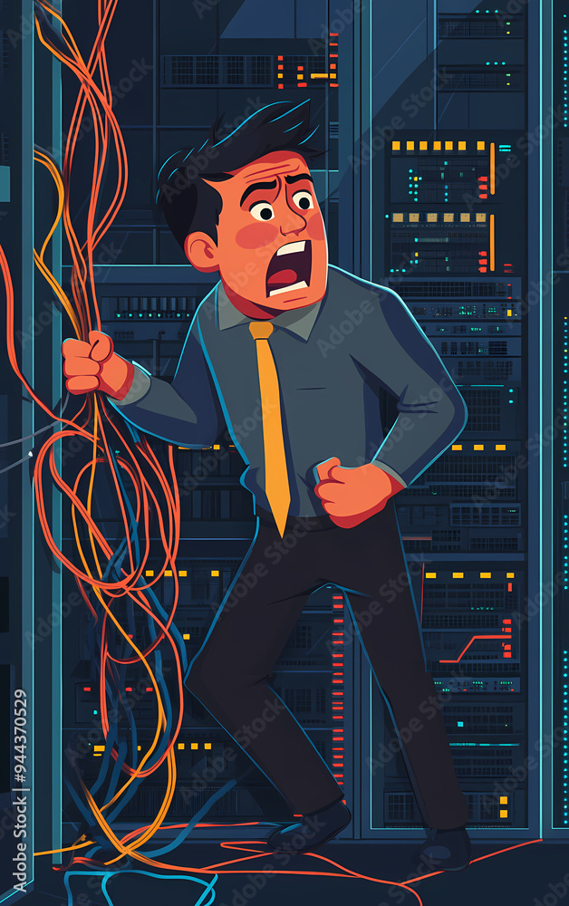 Angry system administrator in a data center struggling with tangled ...