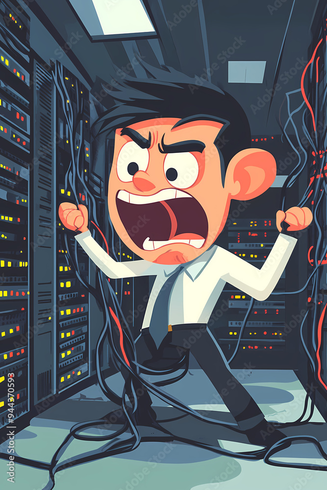 Angry system administrator in a data center struggling with tangled ...