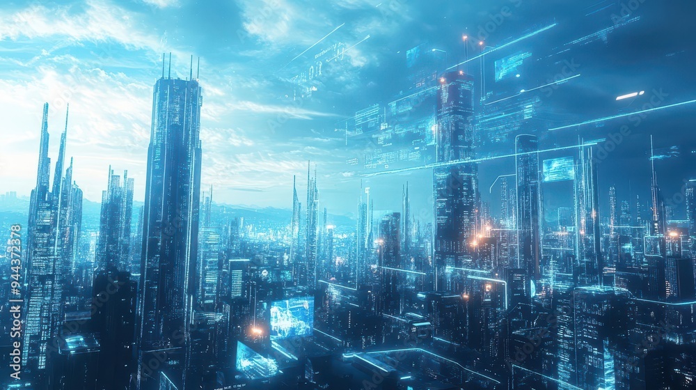 futuristic smart city skyline with interconnected skyscrapers and ...