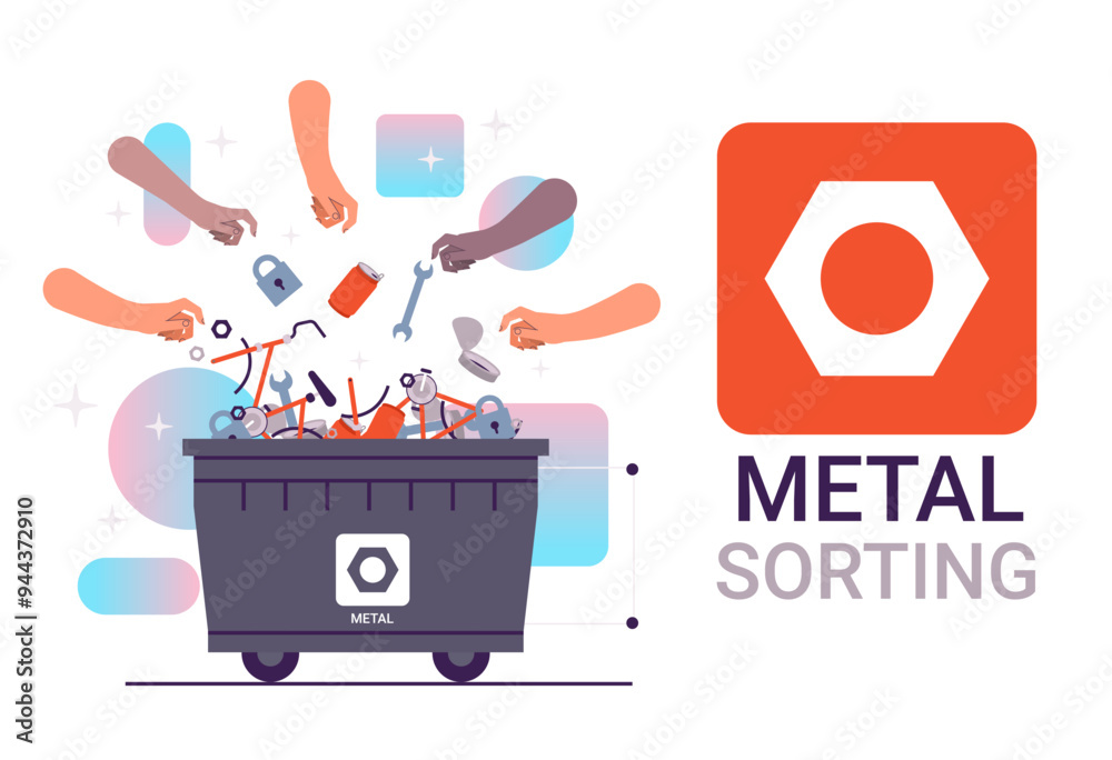 Metal sorting recycling concept illustration showing diverse hands ...