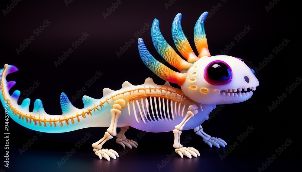 illustration of the skeleton of a cute axolotl on black background with ...