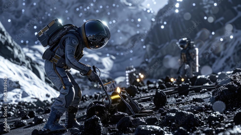 Futuristic miners working on an asteroid, using advanced tools and ...