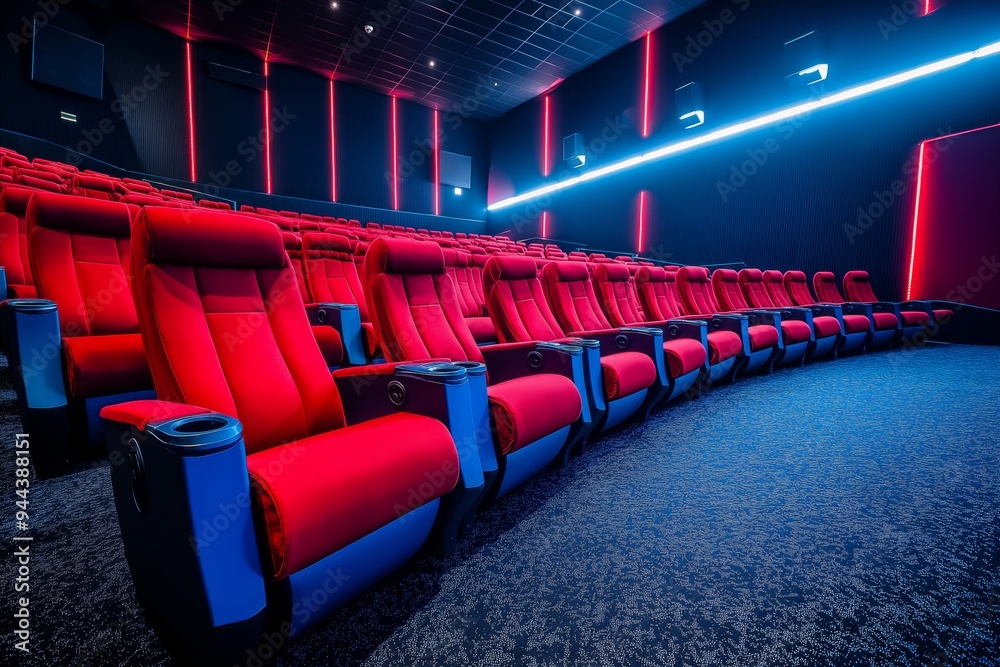 Foto de Inside a movie theater empty red seats awaiting the start of ...
