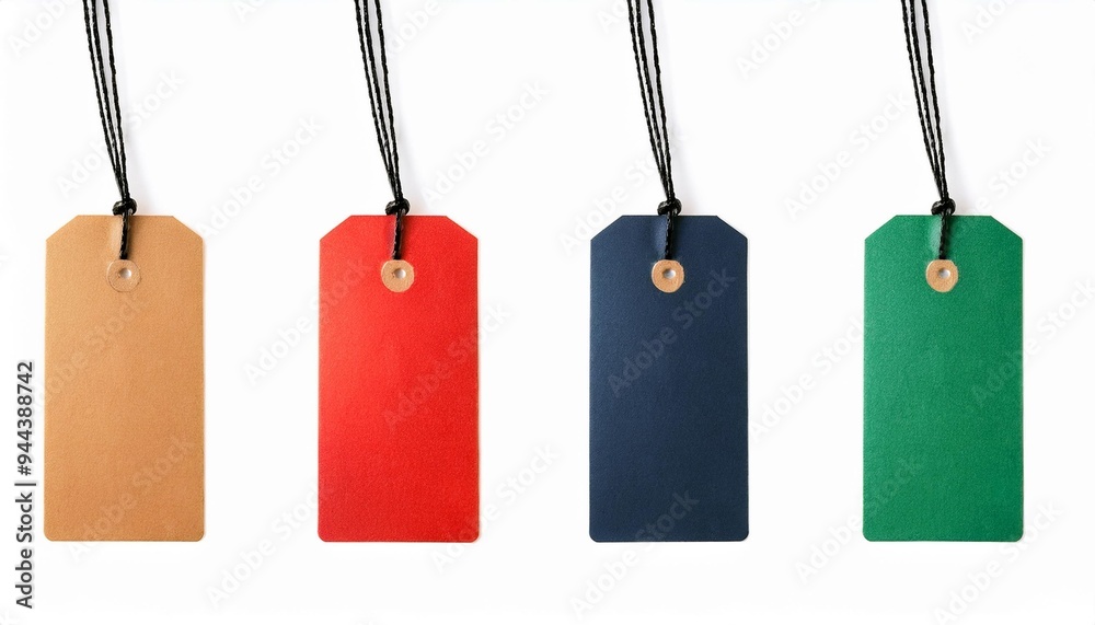 carton paper label tags with black string cord knot different colored ...