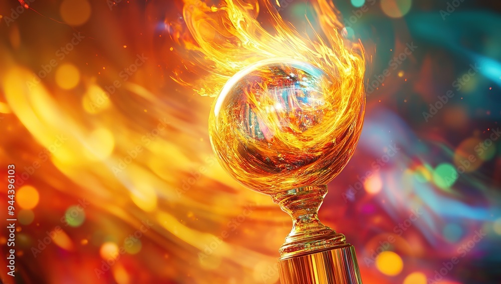 A realistic photograph of an award trophy with fire coming out from the ...