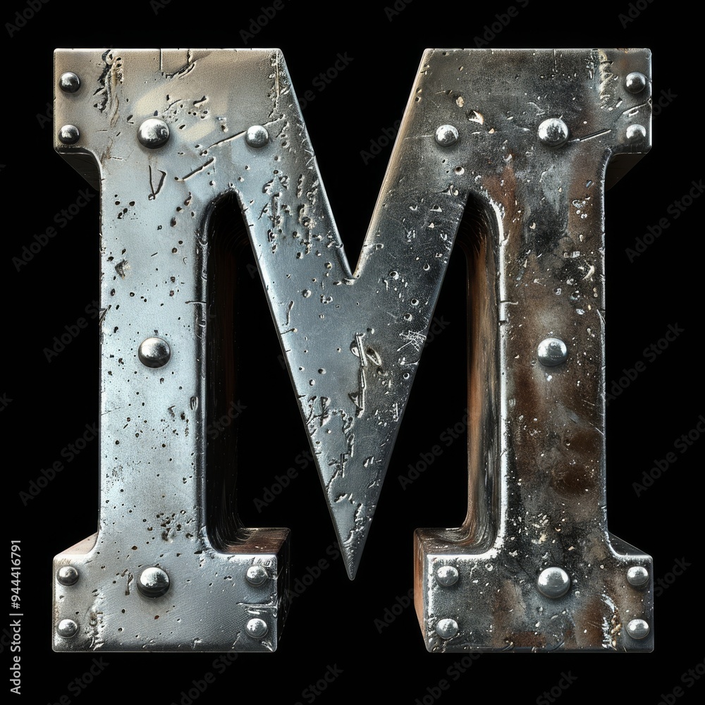 sharp photo of a 3D-rendered letter M in industrial metal type ...