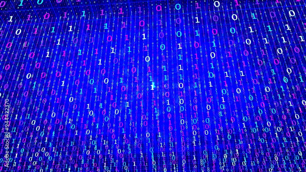 A seamless looping animation of binary digital computer matrix code transforming and glowing ...