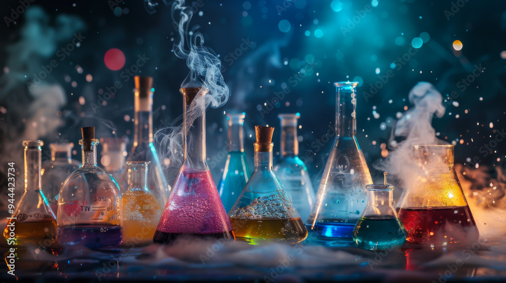 Various jars with reagents in a chemistry lesson against the background ...