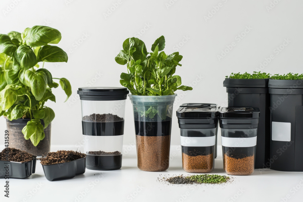An image of a "grow your own" kit featuring multiple black containers ...