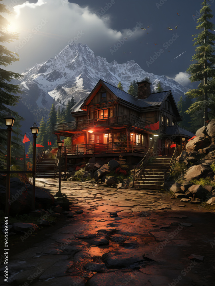 Mountain Lodge During Twilight with Illuminated Windows, Towering Snowy ...