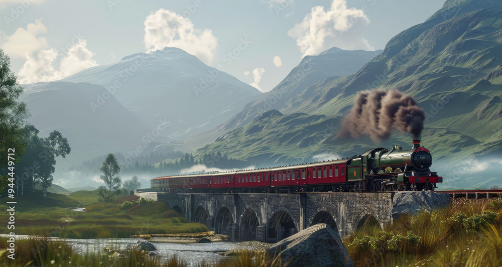 Train on mountain bridge. Railway transportation in viaduct. Outdoor ...