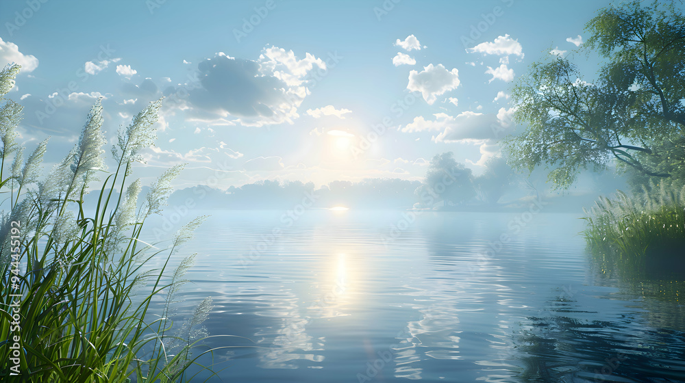 A riverbank where 2D sketches of reeds blend into 3D vibrant greenery ...