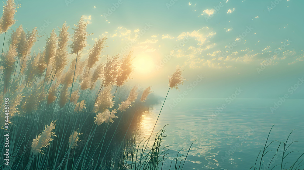 A riverbank where 2D sketches of reeds blend into 3D vibrant greenery ...