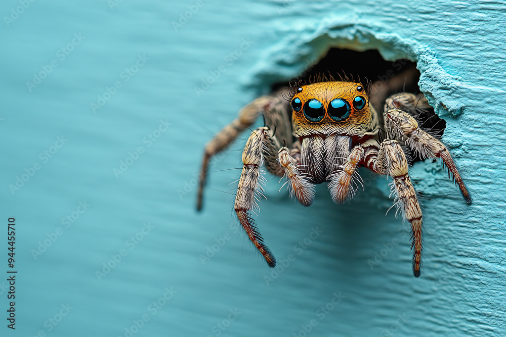 Big ugly spider coming out of a hole in the wall with a blue background ...