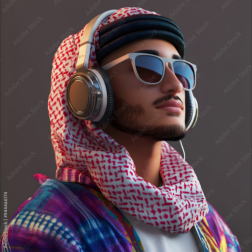 A saudi arab gen Z boy listening to music on his headphones and he is ...