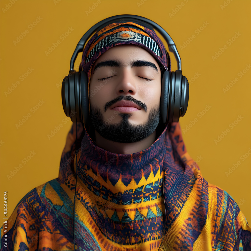A saudi arab gen Z boy listening to music on his headphones and he is ...