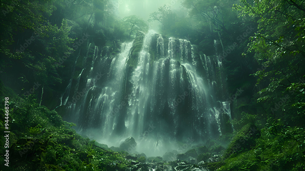 A waterfall where 2D water streams transition into 3D spray, captured ...