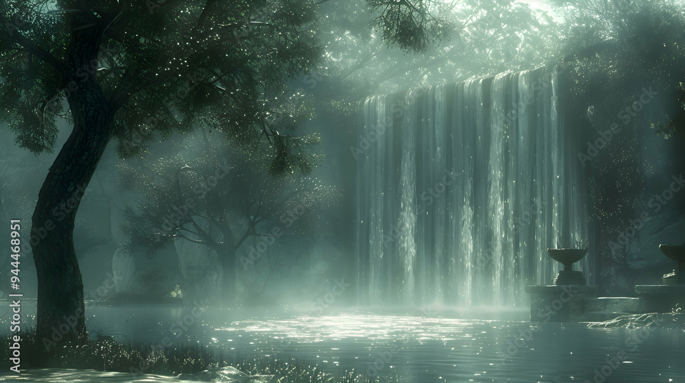 A waterfall where 2D water streams transition into 3D spray, captured ...