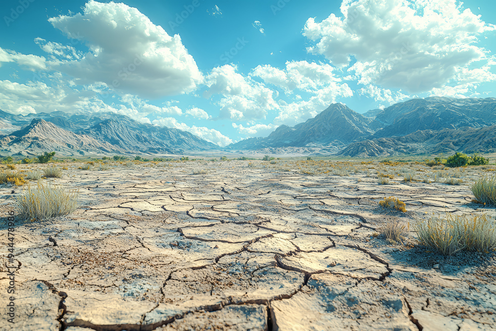 A desolate landscape with cracked earth and stunted vegetation ...