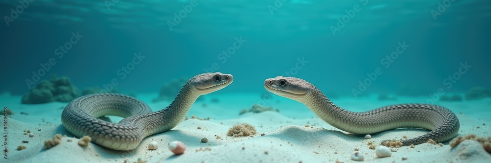 Two sea snakes interact gracefully on the ocean floor, showcasing the ...