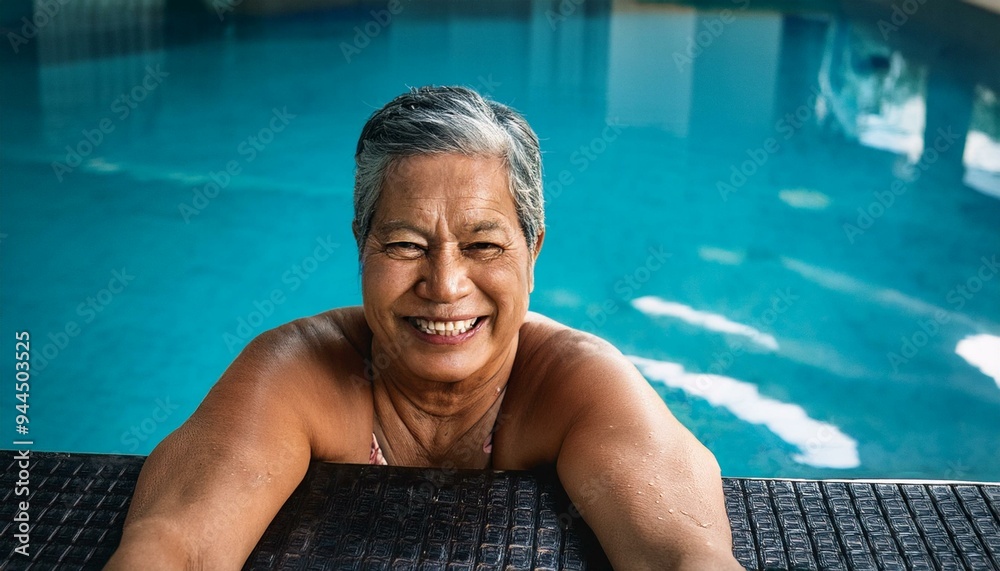 happy 60 year old woman in swimming pool staring into camera Stock ...